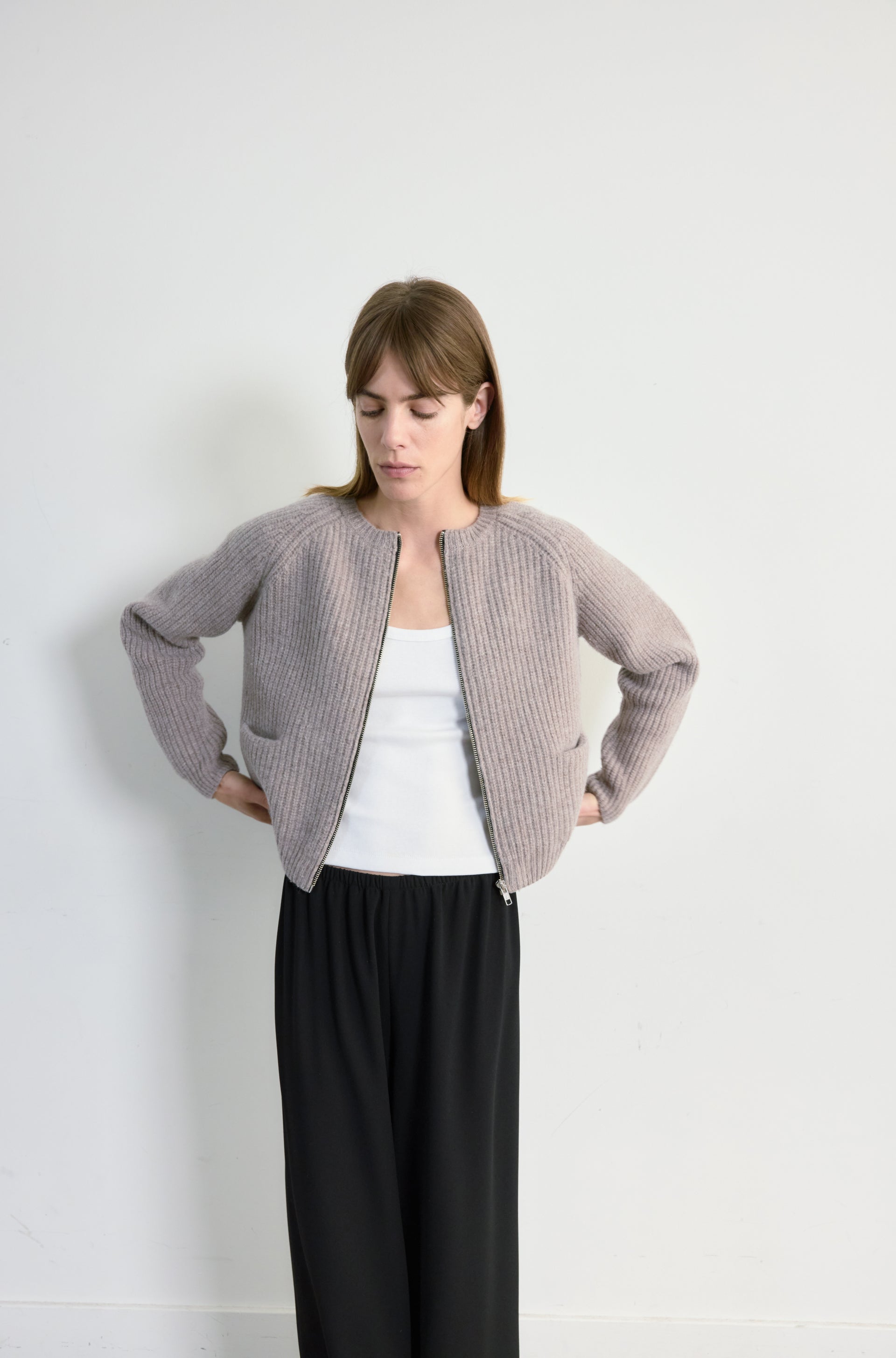 Almina Concept - Knit Zip Up Cardigan in Oatmeal