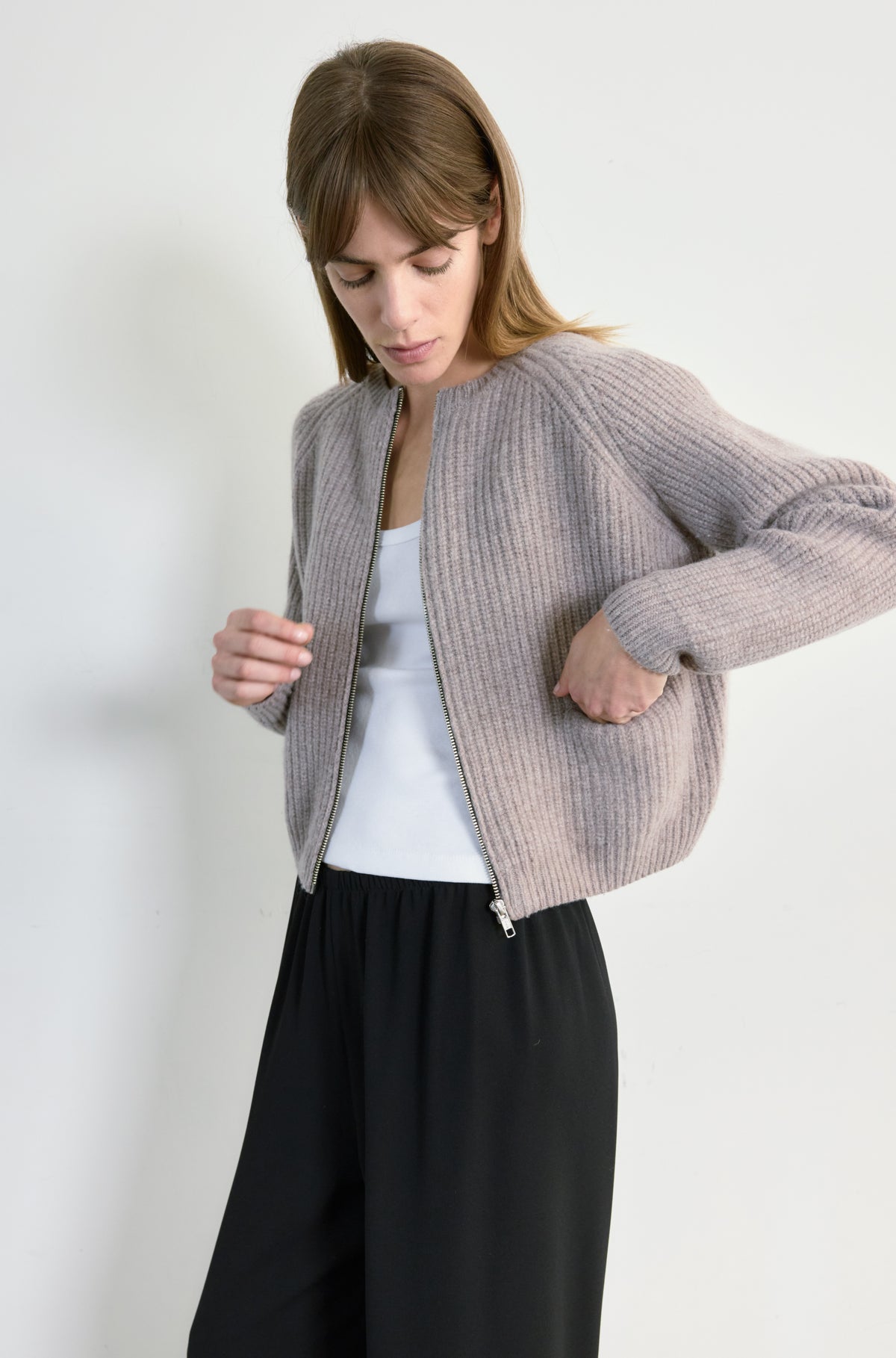 Almina Concept - Knit Zip Up Cardigan in Oatmeal