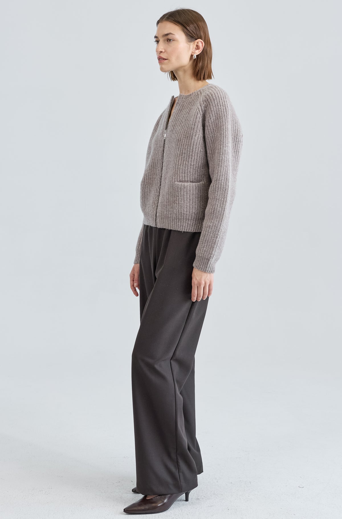Almina Concept - Knit Zip Up Cardigan in Oatmeal